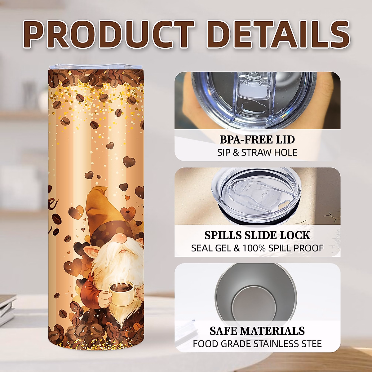 MoYueno Elf Coffee tumbler gift, Slim Gnome Tumbler with Lid & Straw & Brush, Elf Coffee Mugs for coffee Lovers, Elf Coffee Gift for Birthday, 20 Oz