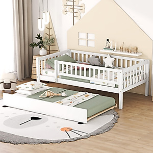 Harper & Bright Designs Twin Size Daybed with Trundle, Wood Kids Twin Platform Bed Frame with Rails, No Box Spring Needed, Easy Assembly (White)