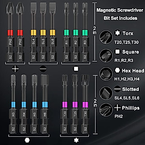 SuSuMu Impact Ready Magnetic Screwdriver Bits Set Stronger Magnet Screw Drill Bit 15PCS Anti Slip Torx Square Slotted Hex Head Phillips 2 Inch Long Drill Tips for Impact Driver Cordless Drill
