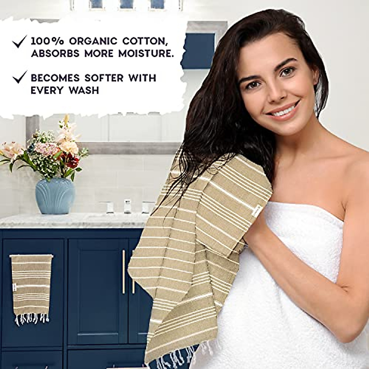 mioeco Organic Cotton Turkish Hand Towel - 20" x 38" Large Classic Luxury Set of 2 - Decorative Hand Towels for Bathroom, Kitchen & Home - Super Absorbent & Quick Drying - Prewashed