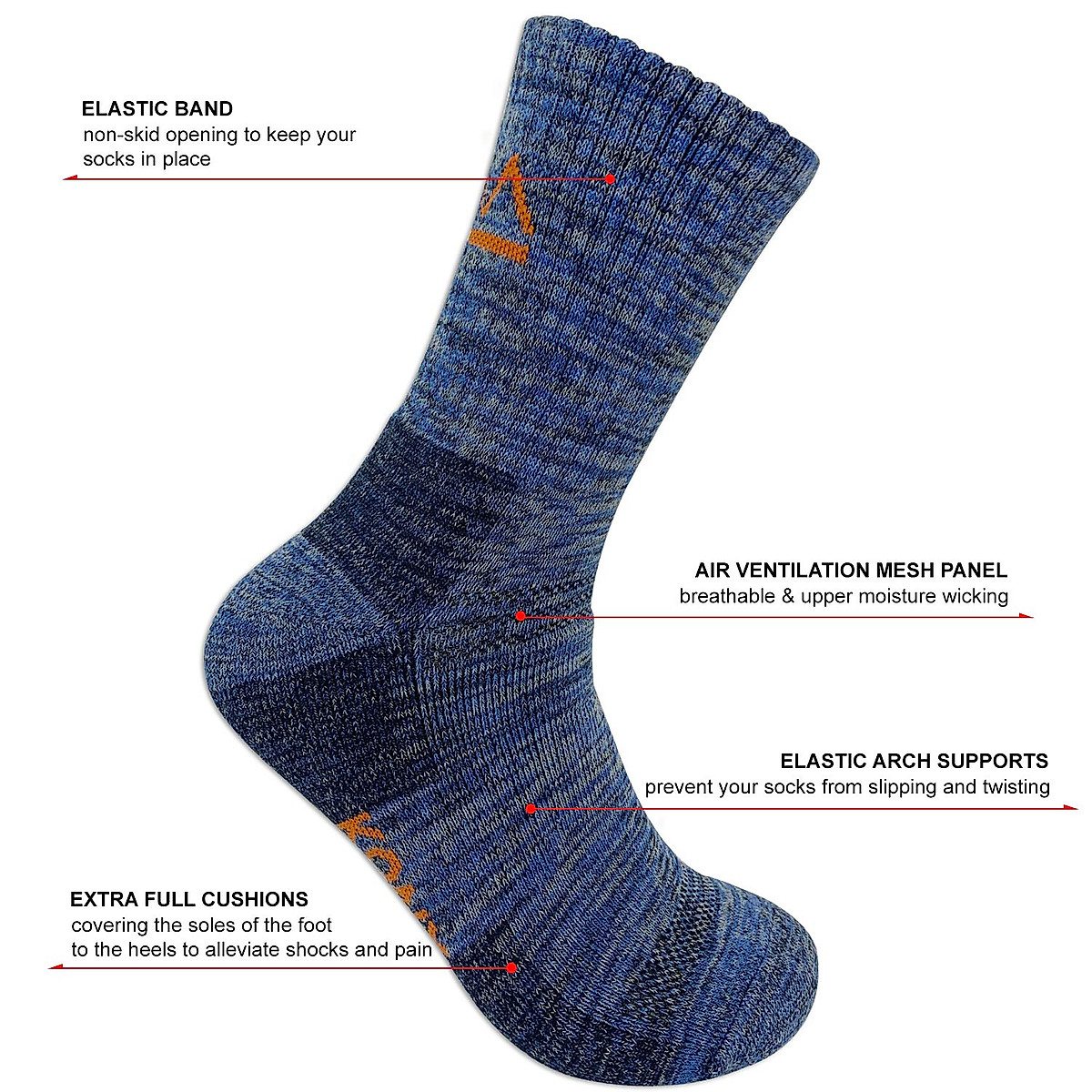 KONY Men's Cotton Hiking Socks, 5 Pairs Moisture Wicking Thick Cushioned Walking Mid Crew Socks, Size 8-12(Mix-1, Medium)