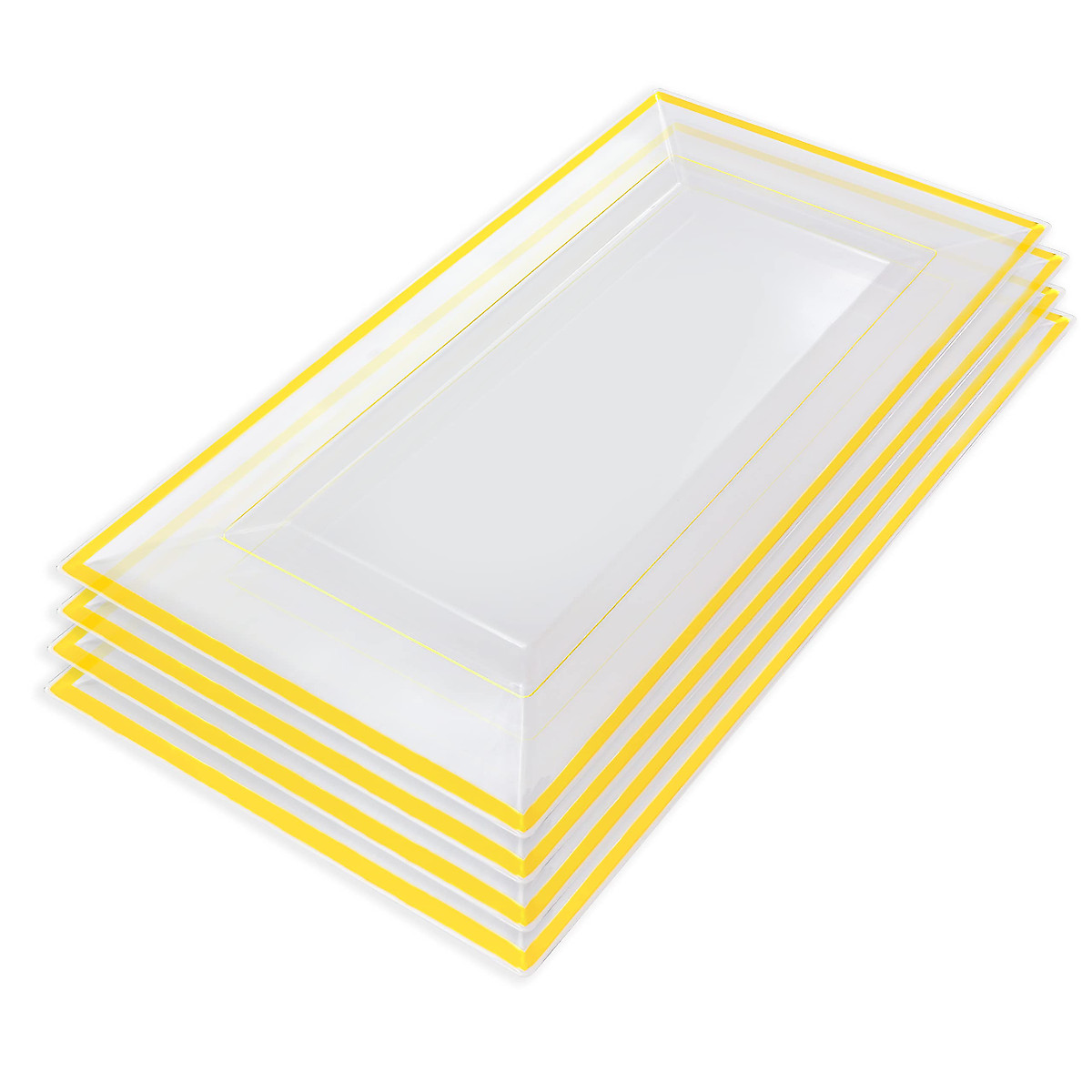 Yumchikel- Serving Tray Plastic for Party, 14" x 7.5" Platters for Serving Food (Clear Gold Rim)