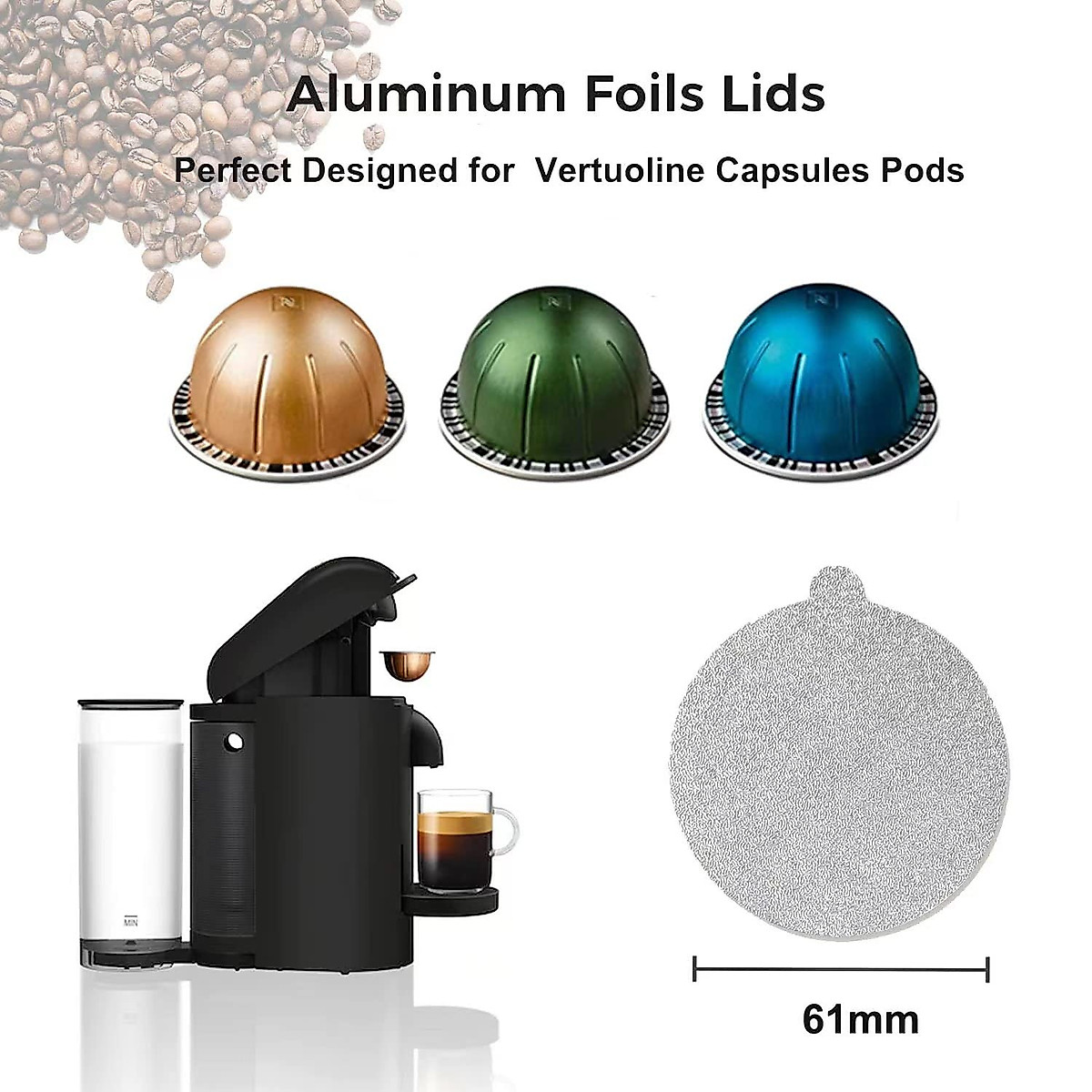 Clinuse Aluminum Foils Lids Seals to Reusable Nespresso Capsules Coffee Pods, 100Pcs Nespresso Vertuo Pods Cover Seals, Compatible with Nespresso Vertuoline Vertuo (61mm, Gray)