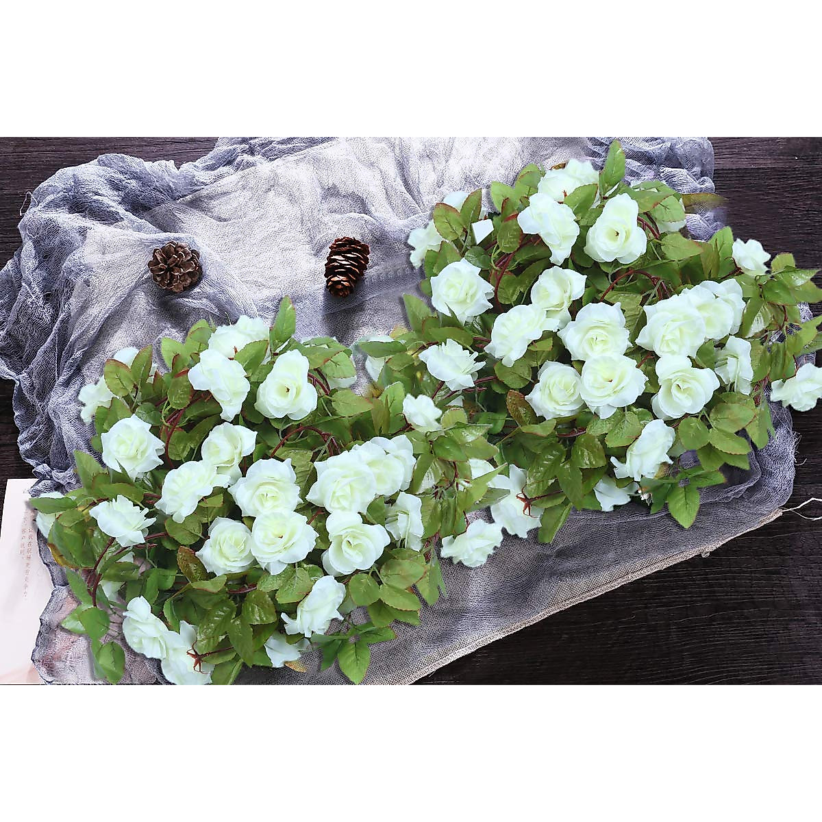 HEBE 4 Pack (29.8 FT) Artificial Rose Vine Flowers Plants Realistic Silk Fake Flowers Garland Hanging Baskets Rose Ivy for Home Ceremony Wedding Arch Garden Indoor Outdoor Decor,Milk White