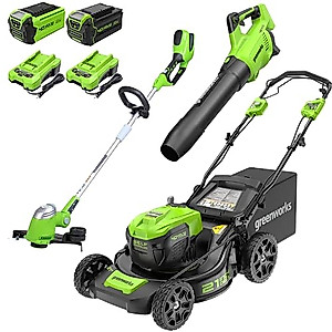 Greenworks 40V 21" Cordless Self-Propelled Lawn Mower,(500 CFM/120 MPH) Axial Leaf Blower,13" String Trimmer,Combo Kit w/ (1) 5Ah (1)2AH Battery, (2) 2A Chargers
