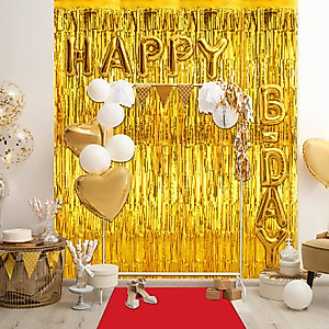 Tegeme Carpet Runner Aisle 2.6 x 30 Feet with Carpet Tape and 4 Pieces of 8.2 x 3.2 Feet Metal Tinsel Tassel Curtains for Halloween Birthday Wedding Party Decoration(Red)