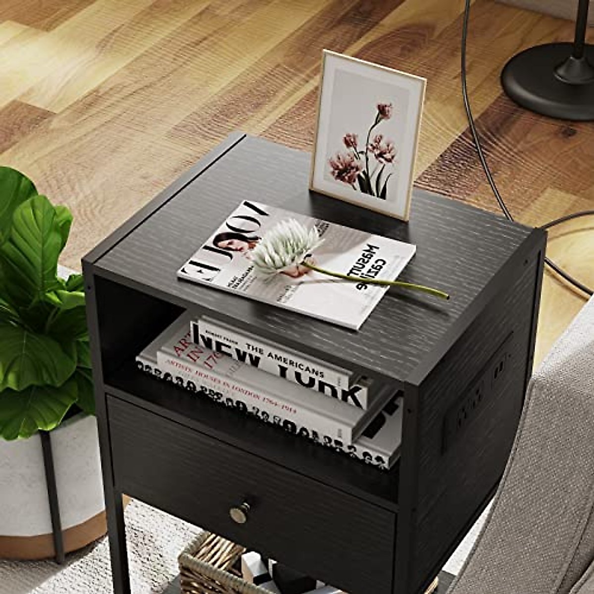 LDTTCUK Nightstand with Charging Station, Modern End Table with Drawer, Bedside Table with Open Storage for Bedroom,Black