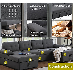Beaugreen Modern Modular Sofa Couch, Dark Grey - Sectional Sleeper with Pull Out Bed, Double Storage Chaise, 4 Seater