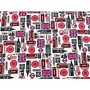 AMORNPHAN 45 Inch London British Big Ben Bus Great England United Kingdom UK England Flag Country Printed Cotton Fabric for Patchwork Needlework DIY Handmade Sewing Crafting Home Decoration For 1 Yard