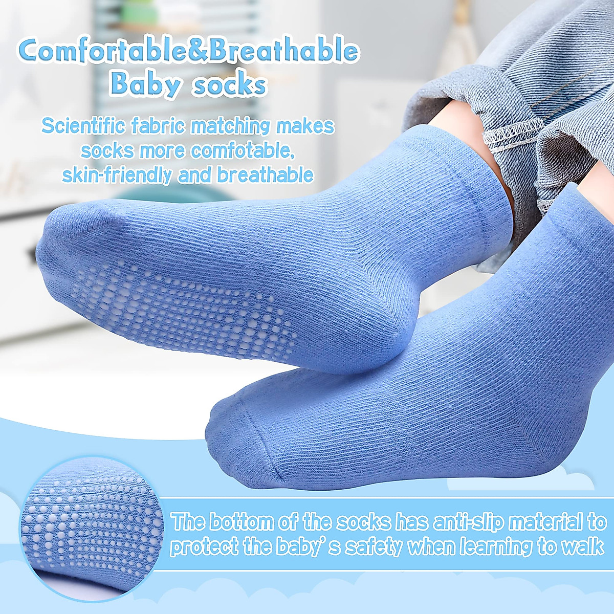 HYzgb Toddler Boys Socks 1T-2T-3T with Grips 12 Pairs Baby Socks 12-18-24 Months Non Slip Cotton Crew Grippers Socks for Toddler Children 1-2-3 Years Old (Black/White/Gray/Skyblue)