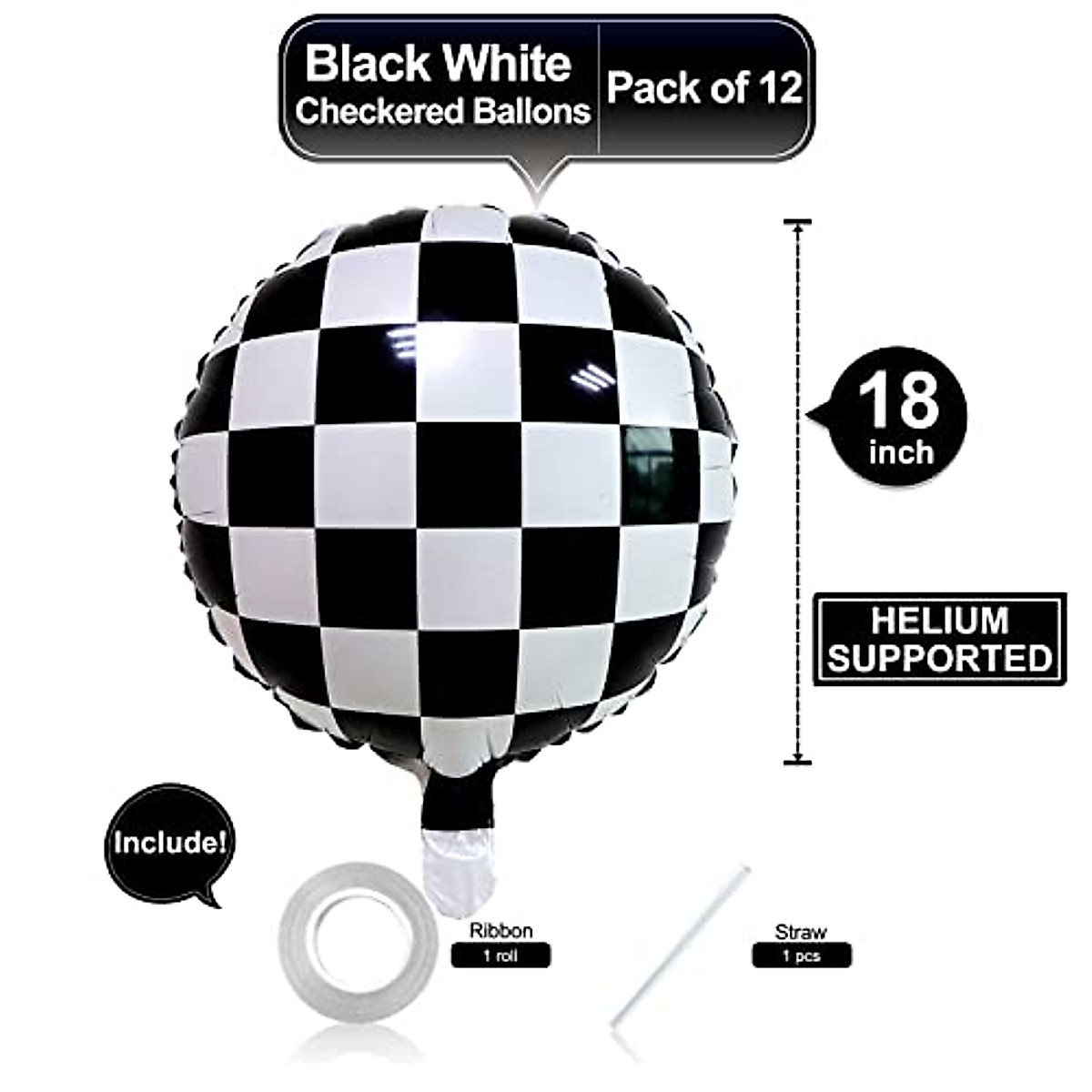 12 Pack 18 Inch Checkered Racing Balloons Helium Foil Mylar Black and White Checkered Balloons for Race Car Themed Party Birthday Festival Decorations Supplies