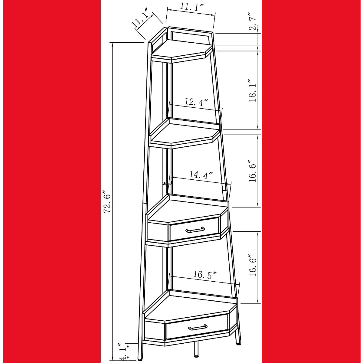 72.64'' Tall Corner Shelf with Drawers - Industrial Style Bookcase 4-Tier Black Bookshelf Multi-Tiered Corner Shelving Unit - Storage Cabinet with Drawers for Organizing Space in Any Room