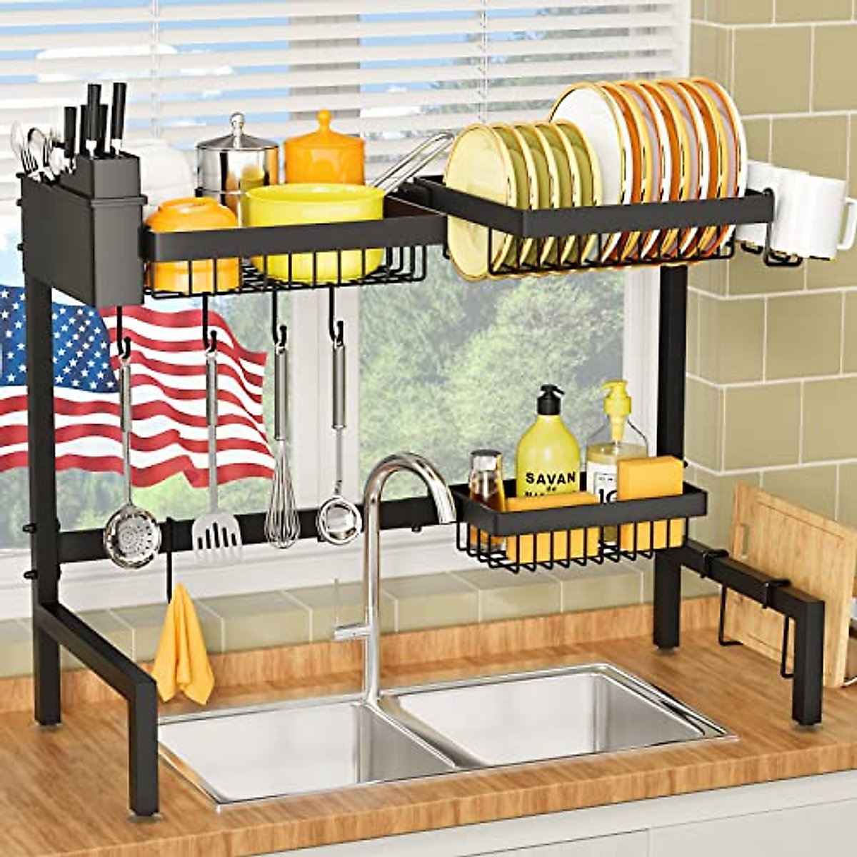 YKLSLH 2 Tiers of Retractable Large Over The Sink Dish Drying Rack with 3 Baskets, for All Sinks (22.8"-39.4"),Adjustable Large Capacity Sink Rack, Iron Drain Rack to Save Space（2 Tiers-3 Baskets）