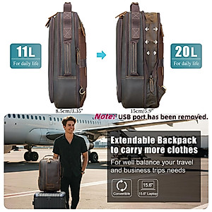 Masa Kawa Leather 15.6" Laptop Backpack for Men Convertible Briefcase Backpacks School Bookbag Expandable Vintage Business Work Travel Rucksack Daypack, Brown