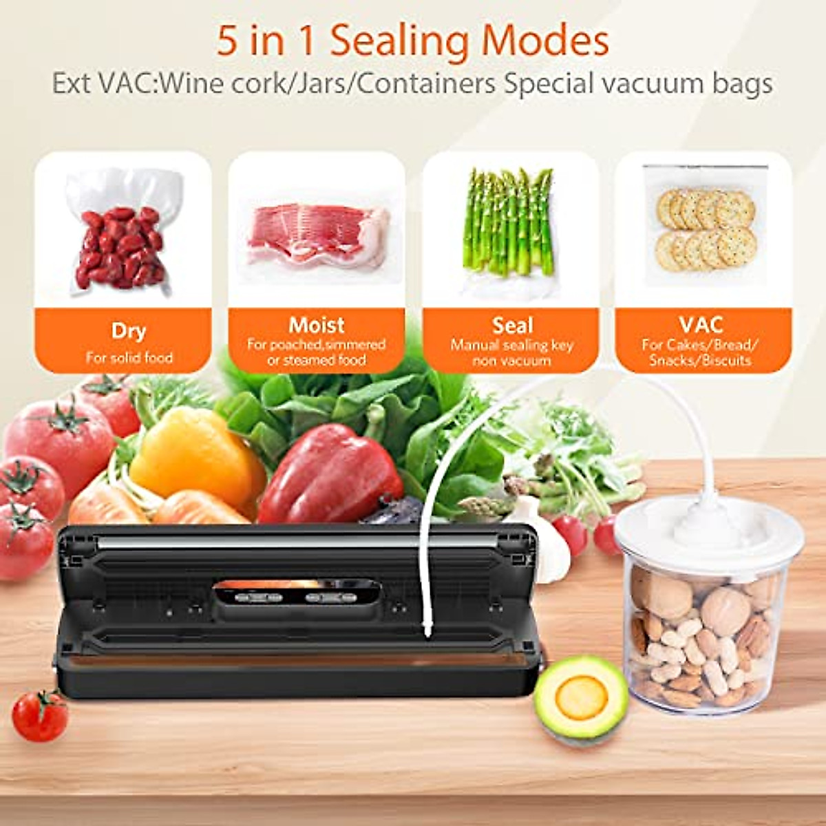 BEYUAM Vacuum Sealer, Food Saver Vacuum Sealer Machine with Auto&Manual Options for Food Storage, 5 in1 Food Vacuum Sealer with Dry&Moist Modes, LED Indicator Lights, Compact Design, Includes 15PCS Vacuum Seal Bags,1 Air Suction Hose, 1Cutter …