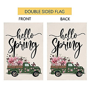 Sambosk Hello Spring Garden Flag 12x18 Vertical Double Sided Burlap Truck with Pink Flowers Butterfly Farmhouse Yard Outdoor Decoration