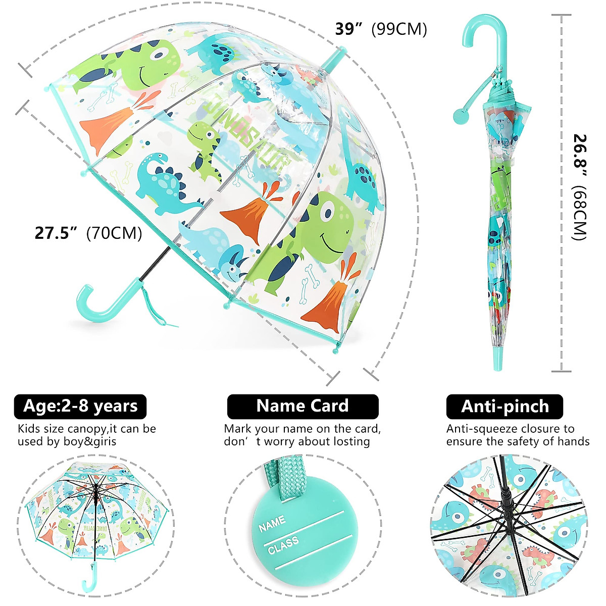 CYBYQ-Family Kids Clear Umbrellas for Rain,Safety Transparent Dome Bubble Umbrella Windproof for Toddler Boys Girls (Dinosaur)