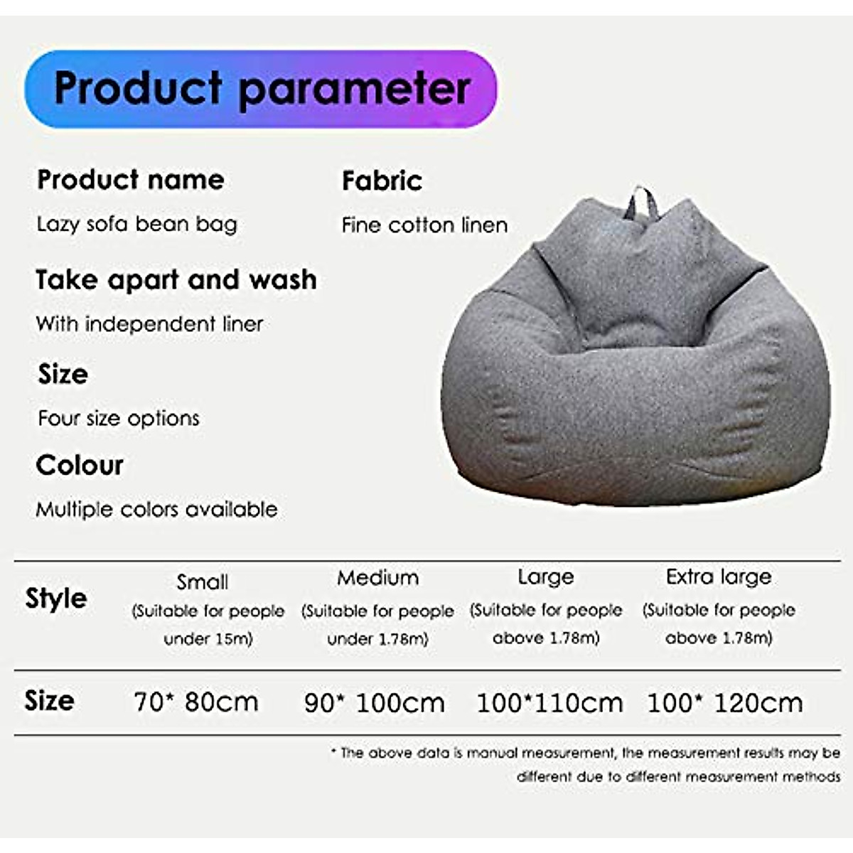 WXFN Lazy Lounger Sofa Cover Living Room Game Armchair for Home Or Garden, Without Filler, with Handle Can Be Lifted Easily,Dark Gray,XL