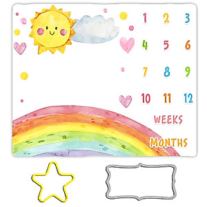 Cartoon Rainbow Baby Monthly Milestone Blanket, 48x40in Sun Cloud Heart Shape Colored Dots Blanket Hand Painted for Newborn Baby Shower,Baby Growth Chart Photography Blanket BTLSME96