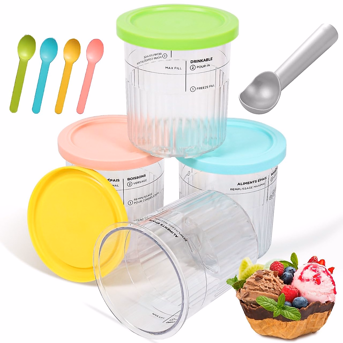 Mellonari Creami Pints for Ninja with Lids, 4 Packs, 24 oz Compatible with NC-500 & NC501, Pink-Yellow-Blue-Green, MNJ-796