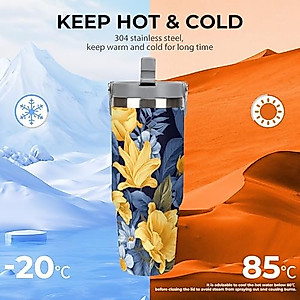 30oz Stainless Steel Insulated Tumbler with Flip Lid & Straw, Leakproof Travel Mug for Car, Blue Base Yellow Floral Double Wall Vacuum Thermal Coffee Cup with Handle, Spill-Proof Design for Hot/Cold D