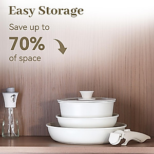 Cuisinluv 5PCS Pots and Pans Set Non Stick, Kitchen Cookware Sets with Detachable Handle, Induction Cookware Sets, Non Stick RV Cookware Cooking Set, Dishwasher ＆ Oven Safe, PFOA Free, Cream White