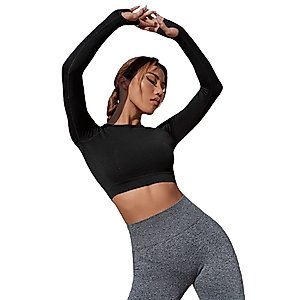 OYOANGLE Women's Long Sleeve Crew Neck Seamless High Elastic Crop Sports Tee Shirt top Black XS