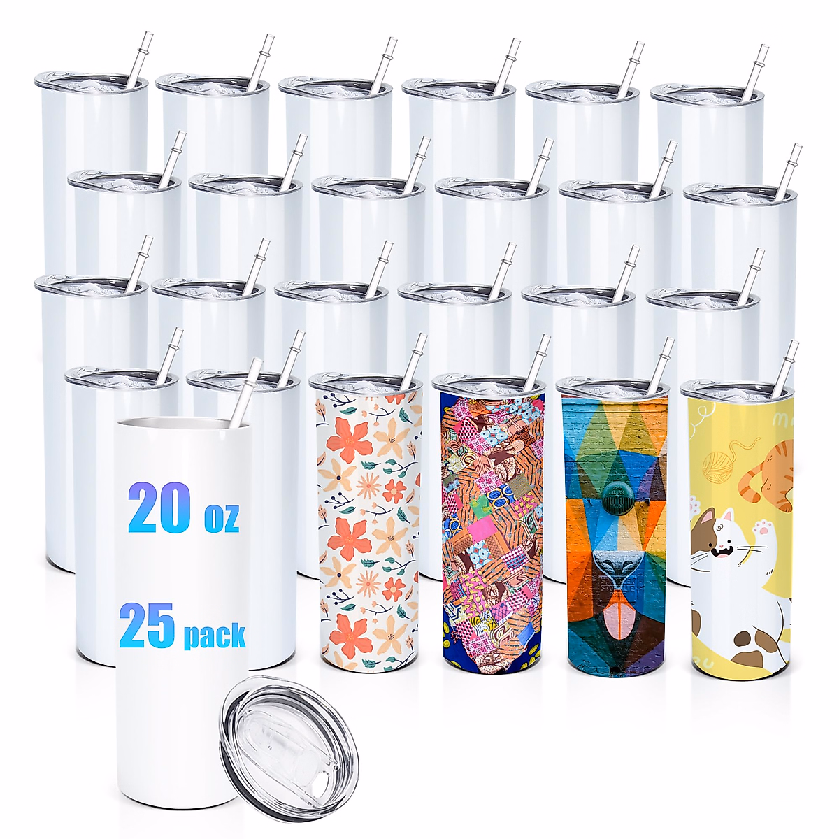 Icesip 25 Pack 20 OZ Sublimation Tumblers Blanks, Bulk 20oz Tumbler Blank for Sublimation Cups with Lids and Straws, Stainless Steel Double Wall Insulated Straight Mugs with Box