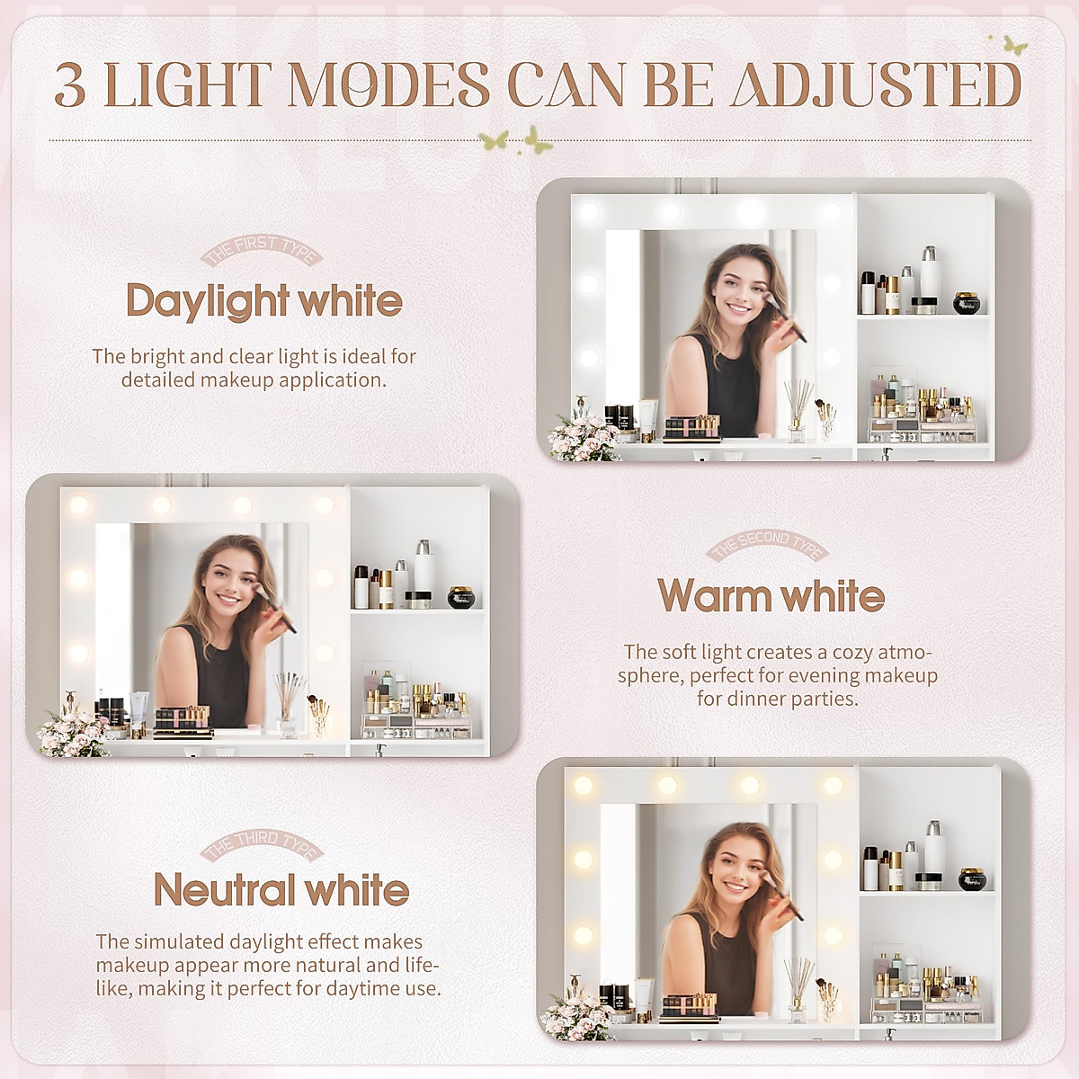 Furmax Vanity Desk with LED Lighted Mirror&Power Outlet, 39.3’’ Makeup Vanity Table with 4 Drawers and 3 Storage Shelves, Adjustable 3 Lighting Colorfor Bedroom&Dressing Room (White)