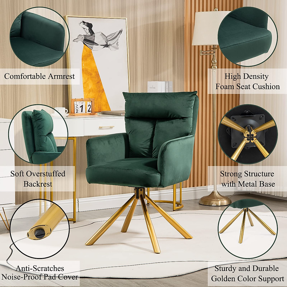 Homedot Modern Home Office Chair Swivel with Armrest Upholstered Accent Chair Soft Velvet Living Room Chair Comfortable Cushion Seated Leisure Chair with Backrest for Home,Office