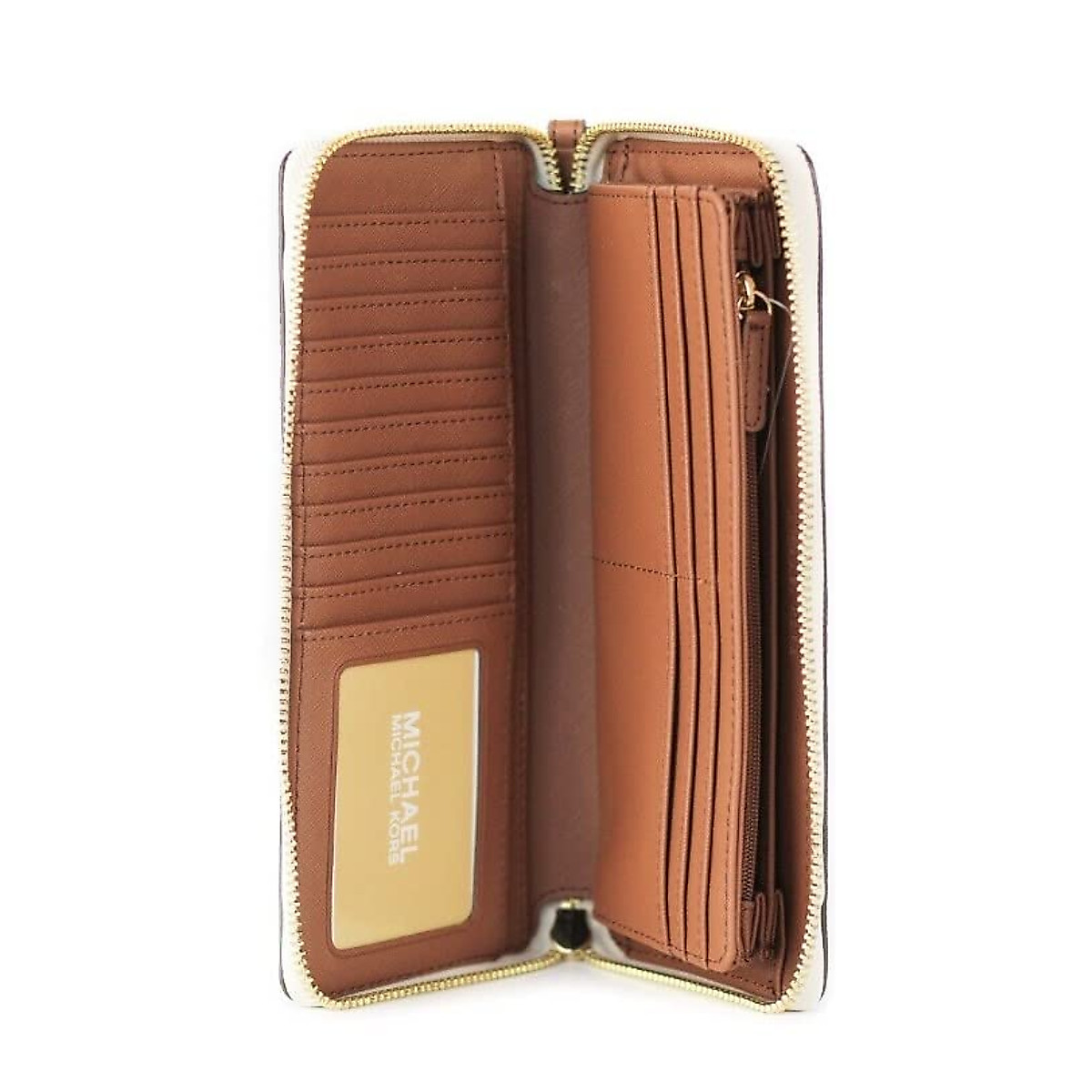 Michael Kors Jet Set Travel Continental Zip Around Leather Wallet Wristlet (Vanilla/Dark Acorn)