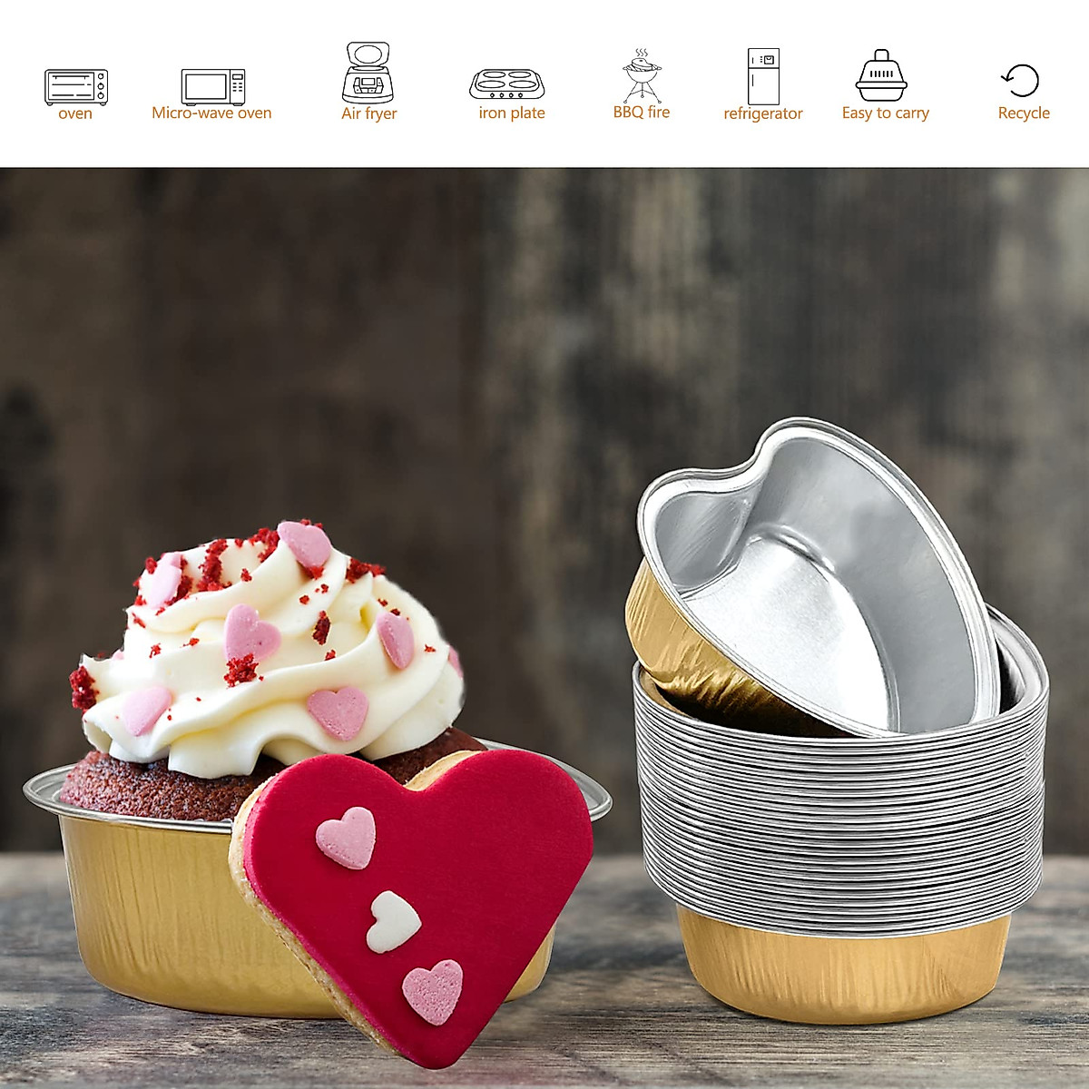 50Pcs Mini Heart Shaped Cake Pans with Lids,100 ml 3.4 oz Disposable Cupcake Cup Mini Aluminum Foil Baking Cups Ramekins Muffin Cupcake Liners for Valentine Wedding Birthday Party,Gold