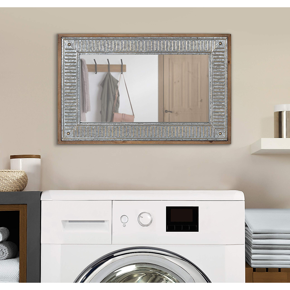 Kate and Laurel Deely Farmhouse Wall Mirror, 20 x 30, Rustic Brown and Silver, Rustic Wall Decor with Galvanized Metal Frame