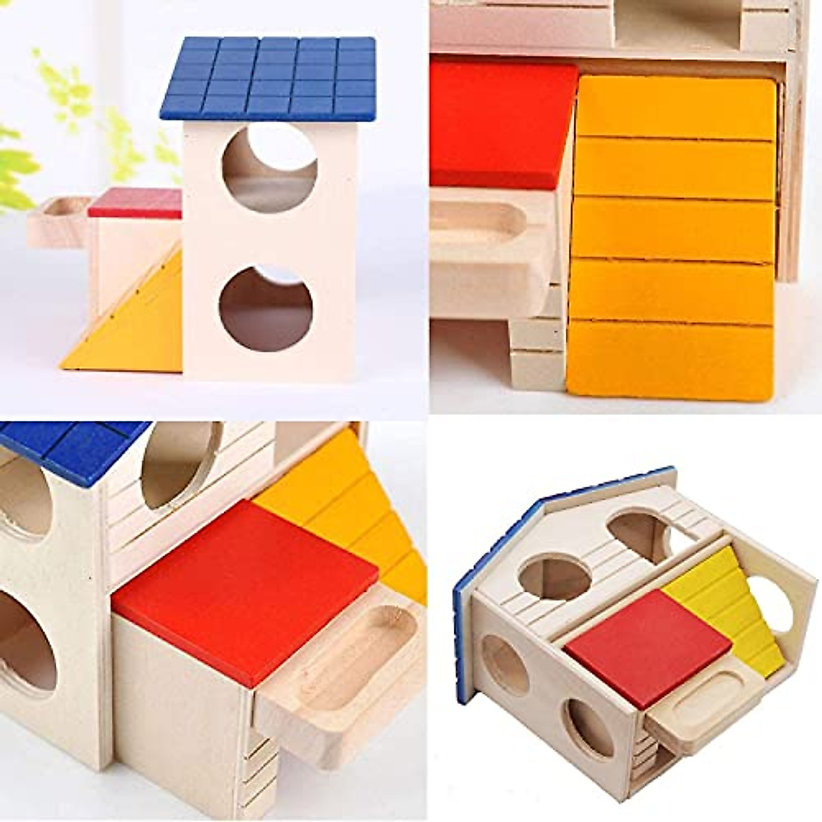 FORZENA Pet Small Animal Hideout Hamster House Deluxe Two Layers Wooden Hut Play Toys Chews Color Sepak Takraw and Barbell