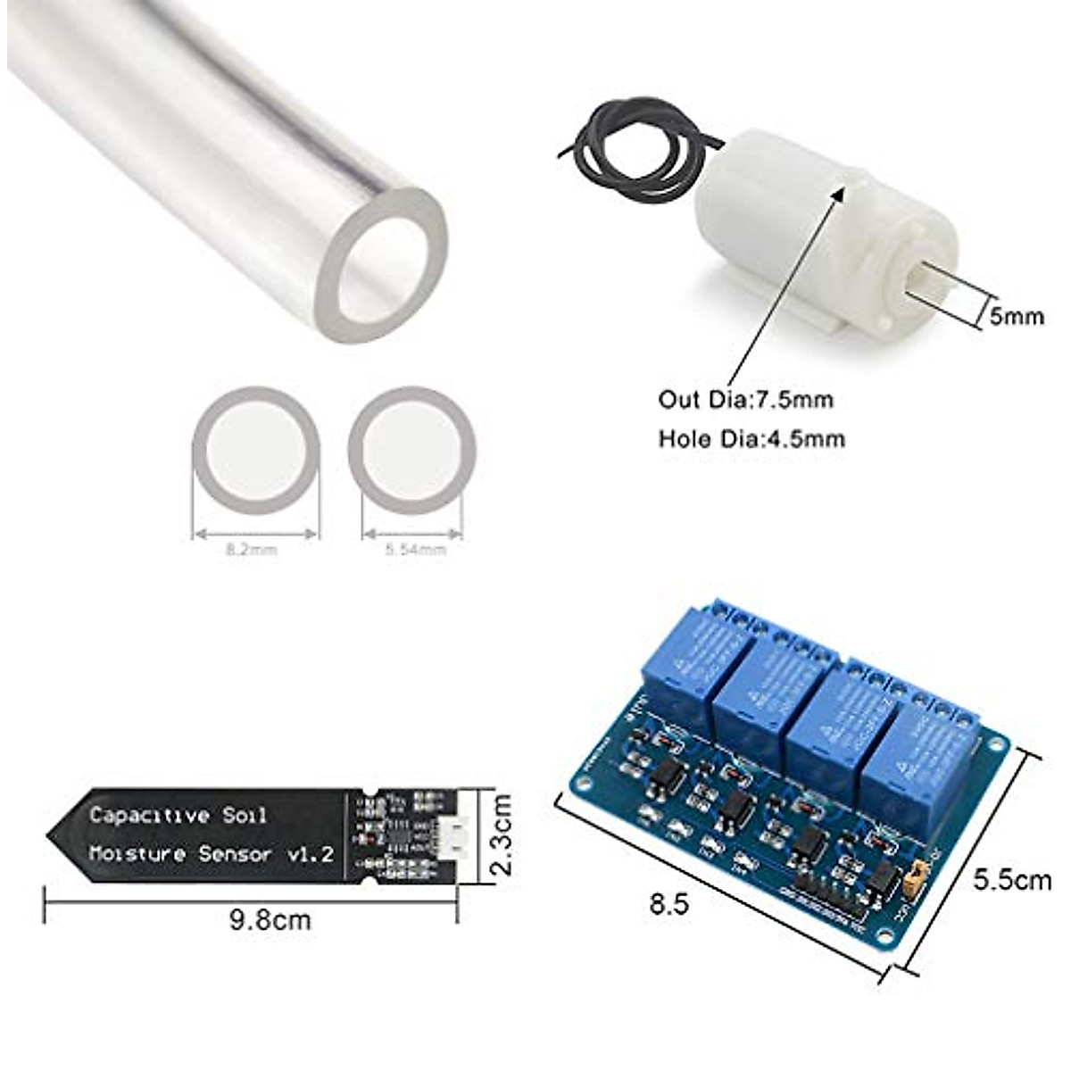 WayinTop Automatic Irrigation DIY Kit Self Watering System with PDF Tutorial, 4pcs Capacitive Soil Moisture Sensor 4Channel 5V Relay Module and 4pcs Water Pump + 4M Vinyl Tubing for Garden Plant
