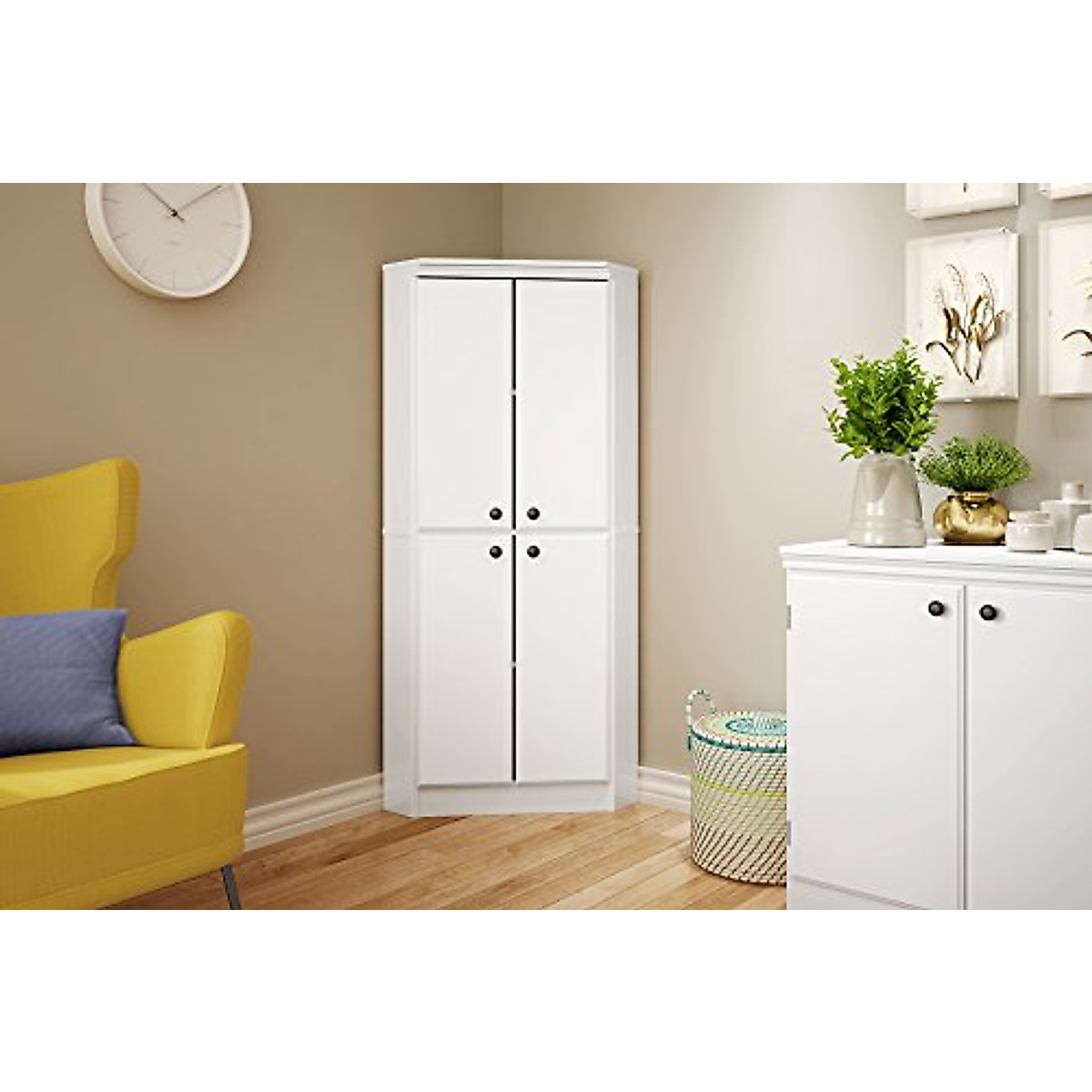 South Shore 4-Door Corner Armoire for Small Space with Adjustable Shelves, Pure White