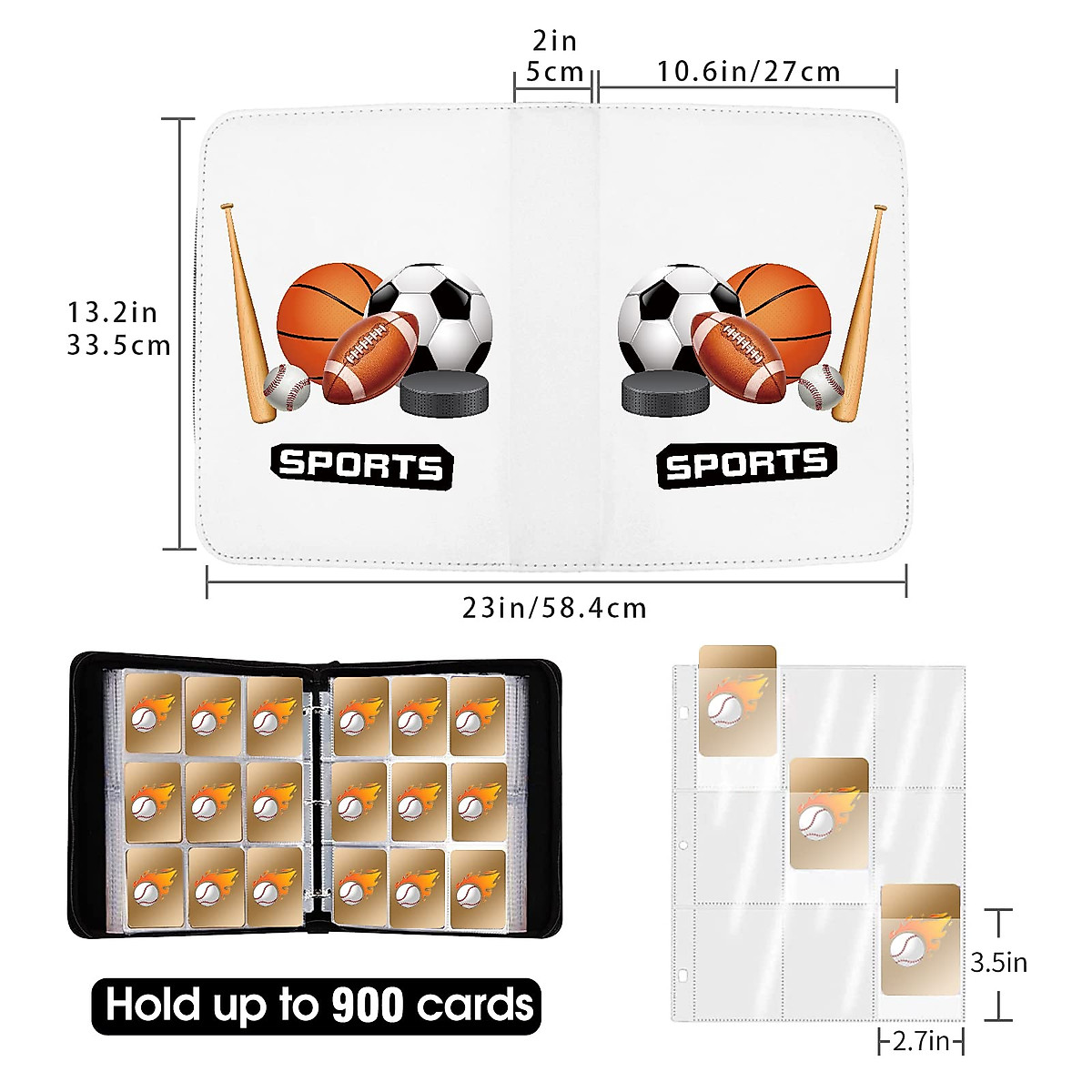 Sports Card Binder with Sleeves, 900 Pocket Sports Card Holder for Trading Cards Zipper Book Folder Collector Album 3 Ring Baseball Football Basketball Hockey Soccer Organizer Storage Boys Kids Gift