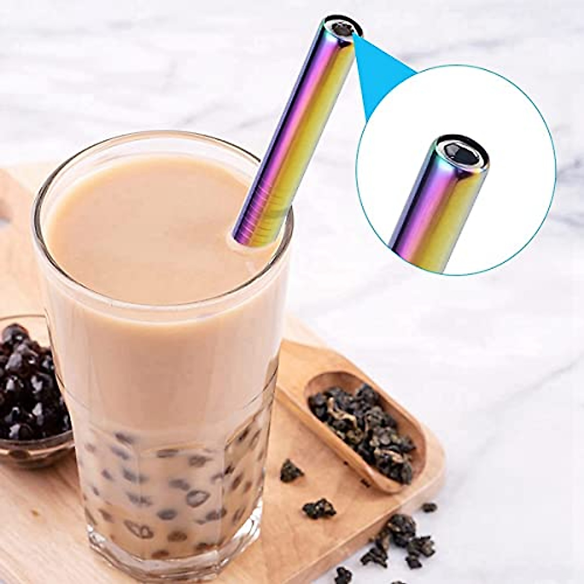 7 Pcs 8.5" Reusable Boba Drinking Straws 304 Stainless Steel Straws Set with 2 Cleaning Brushes Wide Metal Straw for Bubble Tea Milkshakes Smoothie Bar Accessory (Gold)