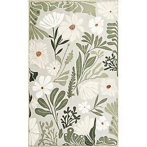 RoomTalks Cute Funky Bedroom Rugs Aesthetic Decor, 4x6 Washable Area Rug Non Slip Sage Green Boho Floral Botanical Rug Modern Abstract Throw Rug Accent Carpet for Living Room Kitchen Entryway Dorm