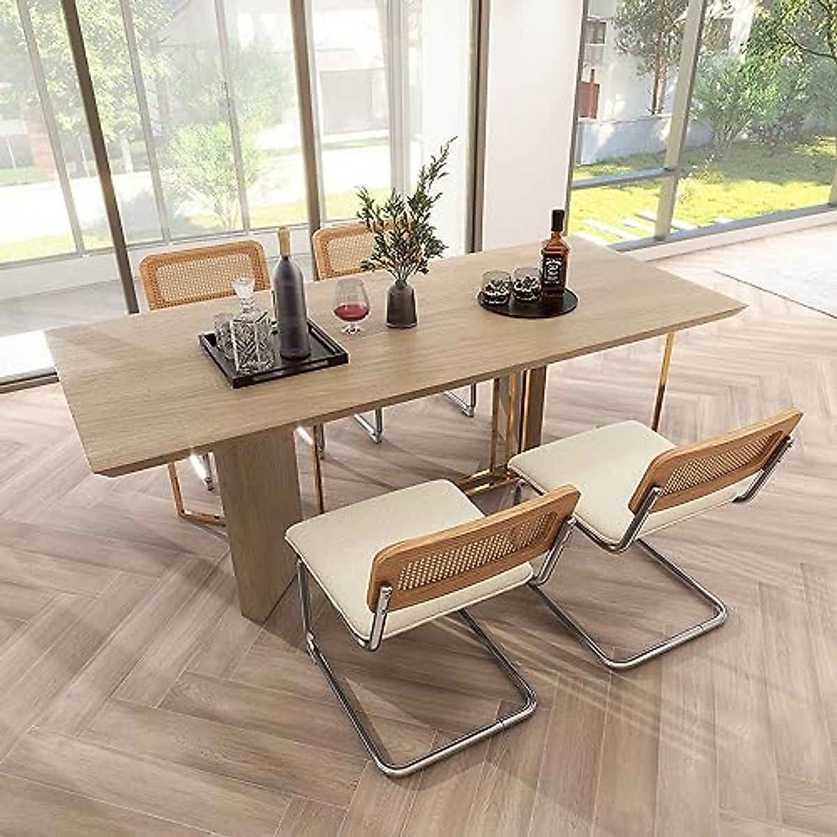 SWHSE 32.5" Rattan Dining Chairs Set of 4, Upholstered Boucle Mid-Century Modern Dining Chairs Set of 4 with 3-Layer Thickened Cushion and Galvanize Tube Frame for Dining Room, Kitchen (White Boucle)