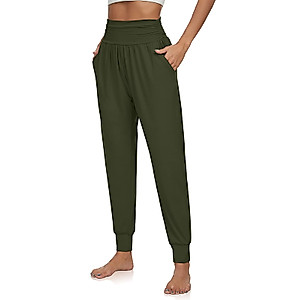 UEU Women's High Waisted Yoga Pants Super Soft joggers Loose Fitting Fit Juniors Workout Lounge Sweats Jogging Pants with Pockets(ArmyGreen,L)