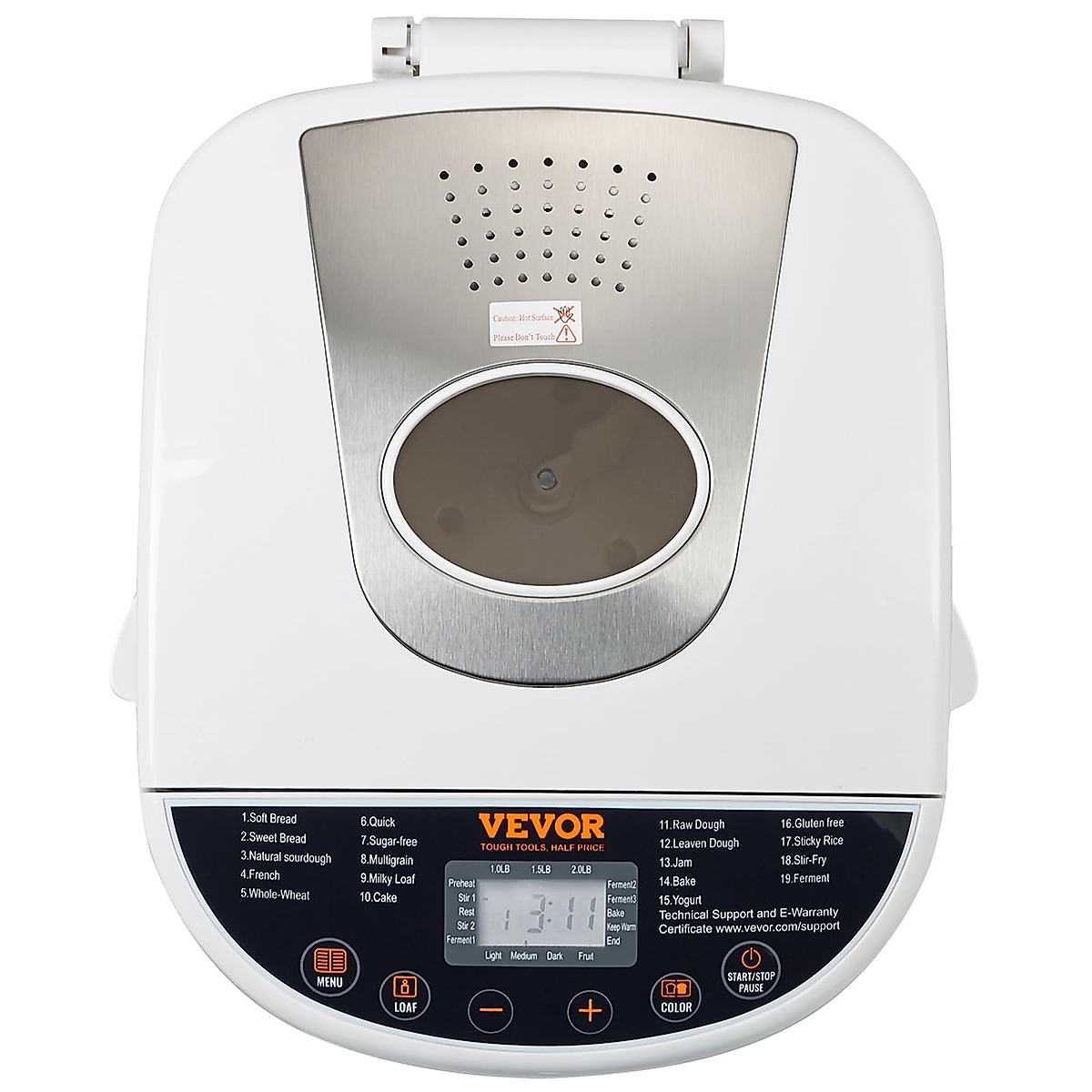 VEVOR Bread Maker, 19-in-1 2LB Dough Machine, Nonstick Ceramic Pan Automatic Breadmaker with Gluten Free Setting, Whole Wheat Bread Making, Digital, Programmable, 3 Loaf Sizes, 3 Crust Colors, White