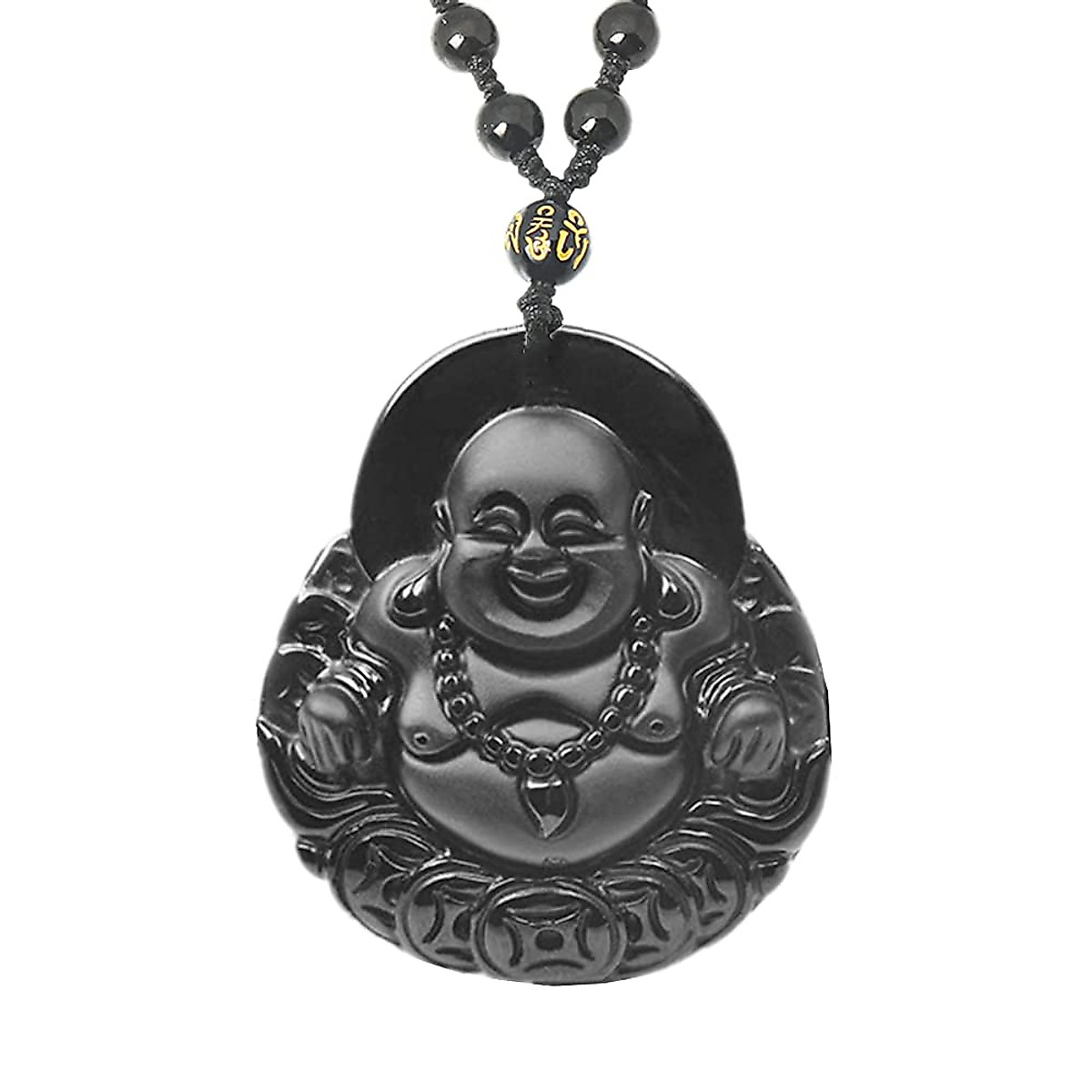 ASGIFT Laughing Buddha Necklace Black Obsidian Buddha Pendant with Adjustable Bead Chain Large Lucky Buddah Necklaces Jewelry for Men Women