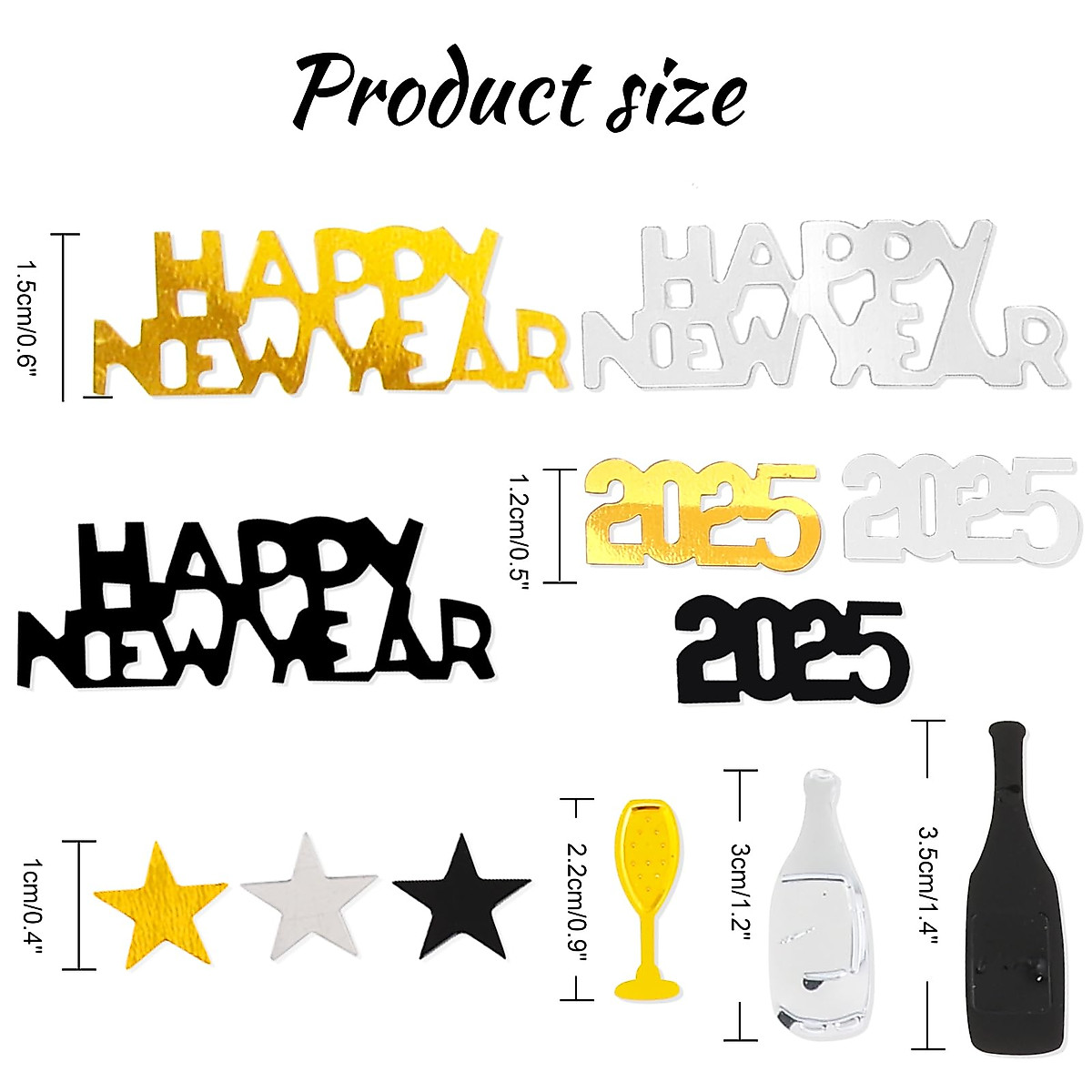 2025 New Year Party Decoration Supplies, New Years Confetti Decoration- Black, Gold, Silver Wine Bottle Glitter Sequins Star Foil Confetti for Happy New Year Eve Decorations Table Scatters