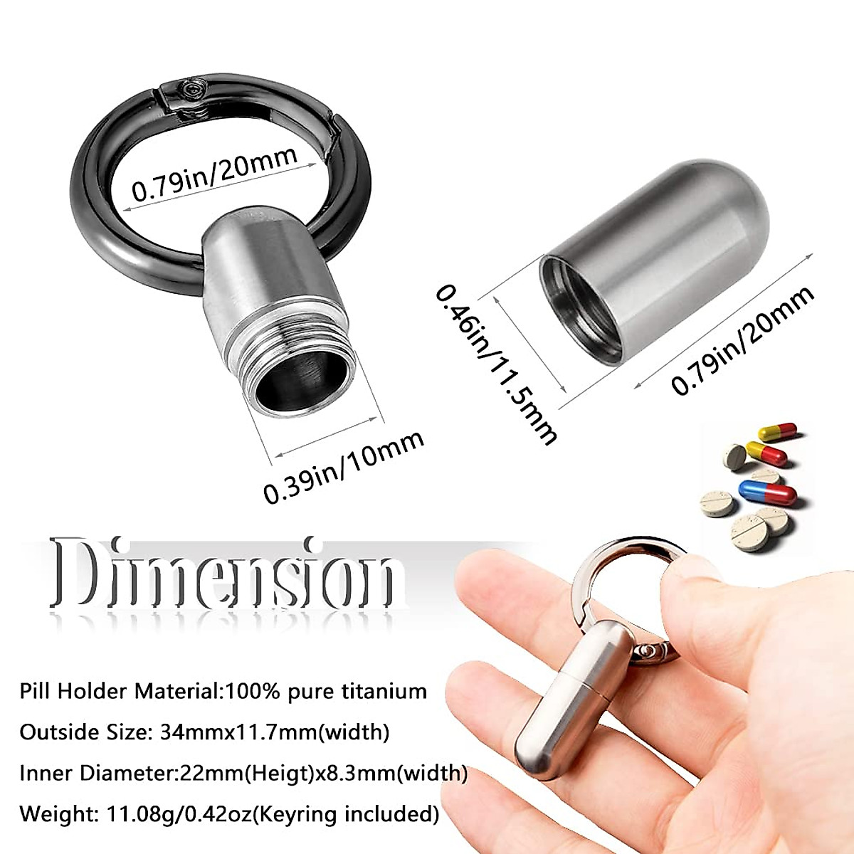1 Pack Micro Keychain Pill Holder, Portable Mini Size Titanium Alloy Pill Box Case, Waterproof & Lightweight Keychain Pill Container for Emergency Outdoor Travel Camping