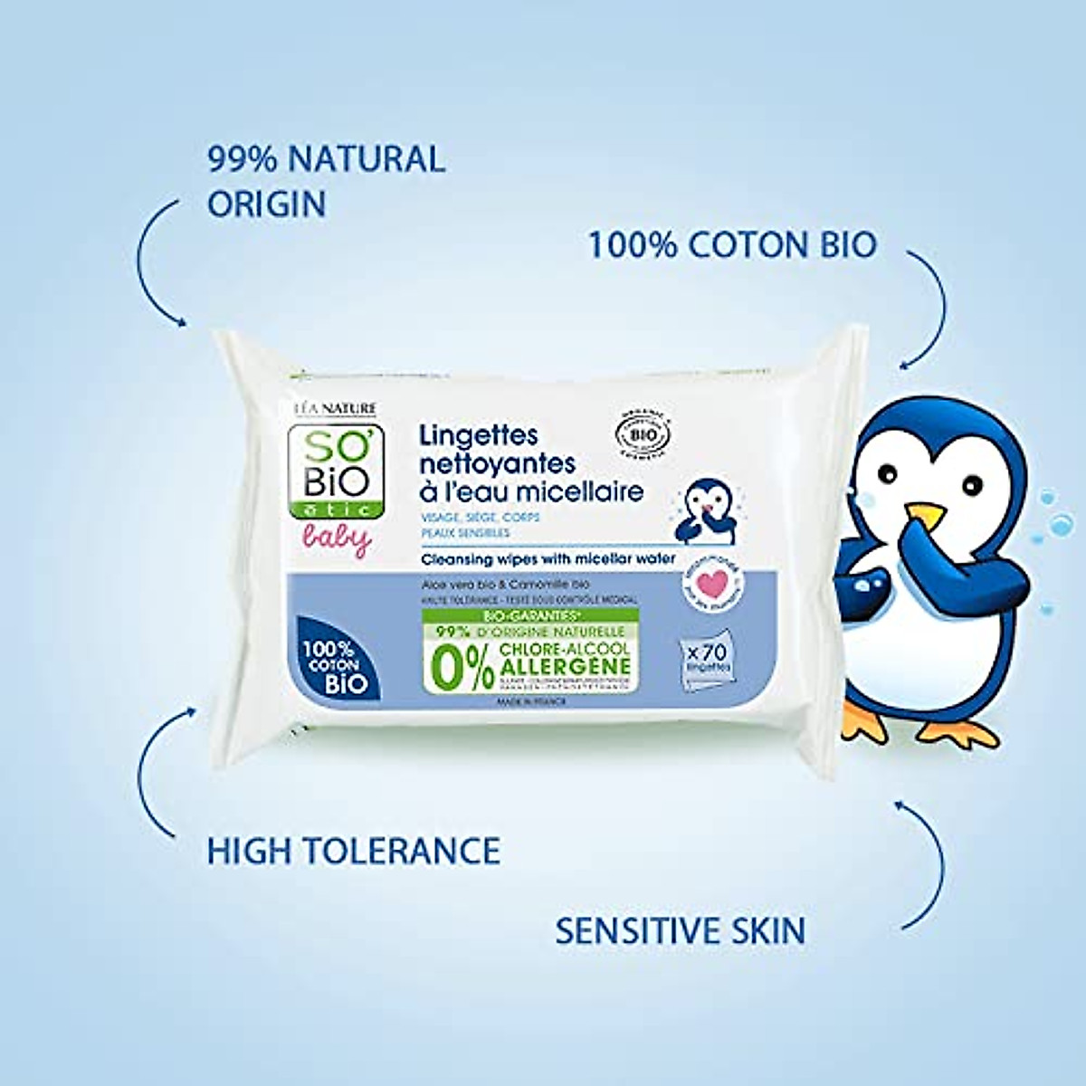 SO'BiO étic | Baby Cleansing Wipes | Organic & Biodegradable Micellar Water Wet Wipe Skin Cleanser for Newborn, Infant, Toddler | 70 Wipes