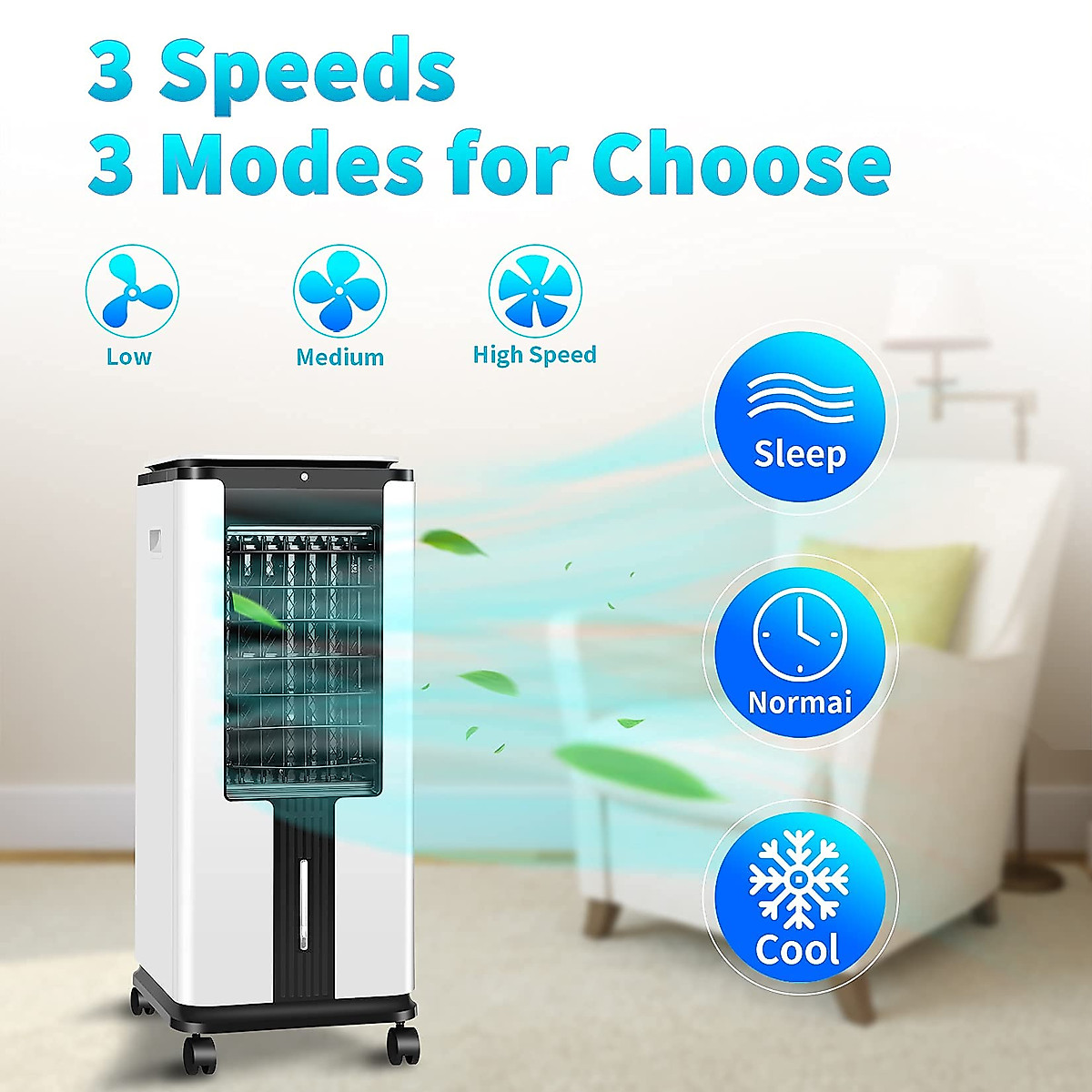 Portable Electric Air Conditioner Unit—2-1 Air Cooler & Tower Fan with 3 Speeds/Modes,12H Timer,with remote and 2 Ice Packs,7L Large Water Tank for Home,Office,Kitchen White