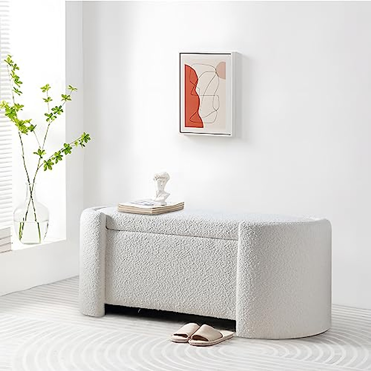 Deolme White Boucle Storage Ottoman Bench- Modern Wooden Indoor Upholstered Storage Bench End of Bed Stool Sherpa Bench Bedside with Safety Hinge for Bedroom, Living Room Seating, Entryway