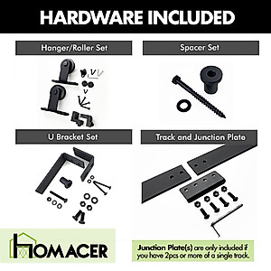 Homacer Black Rustic Double Track U-Shape Bypass Sliding Barn Door Hardware Kit, for Four Doors, 12ft Long Flat Track, T-Shape Design Roller