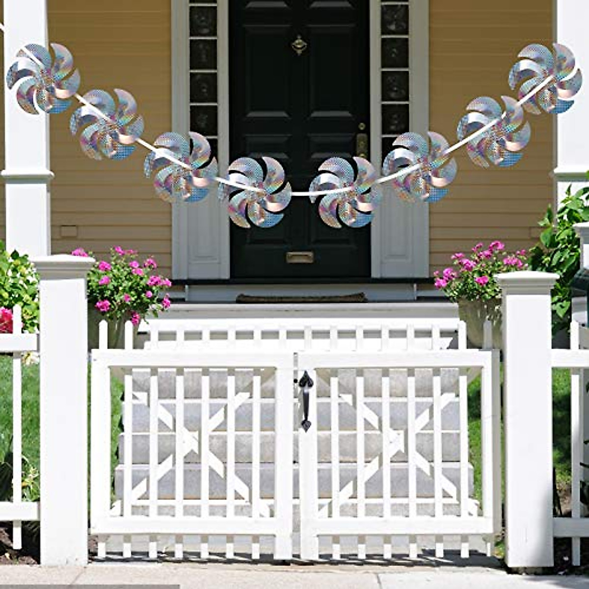 YARDWE 8pcs Sparkly Reflective Pinwheels Pin Wheel Holographic Spinners for Scaring Birds and Pests for Garden Yard Patio 10M